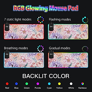 VKPSCHJ Wireless Charging Mouse Pad Watercolor Chrysanthemum Peony Rose RGB Gaming Mouse Mat 15W Fast Charging, Extra Large Computer Keyboard Mat with Non-Slip Rubber Base for Mobile Phone,PC, Lapto