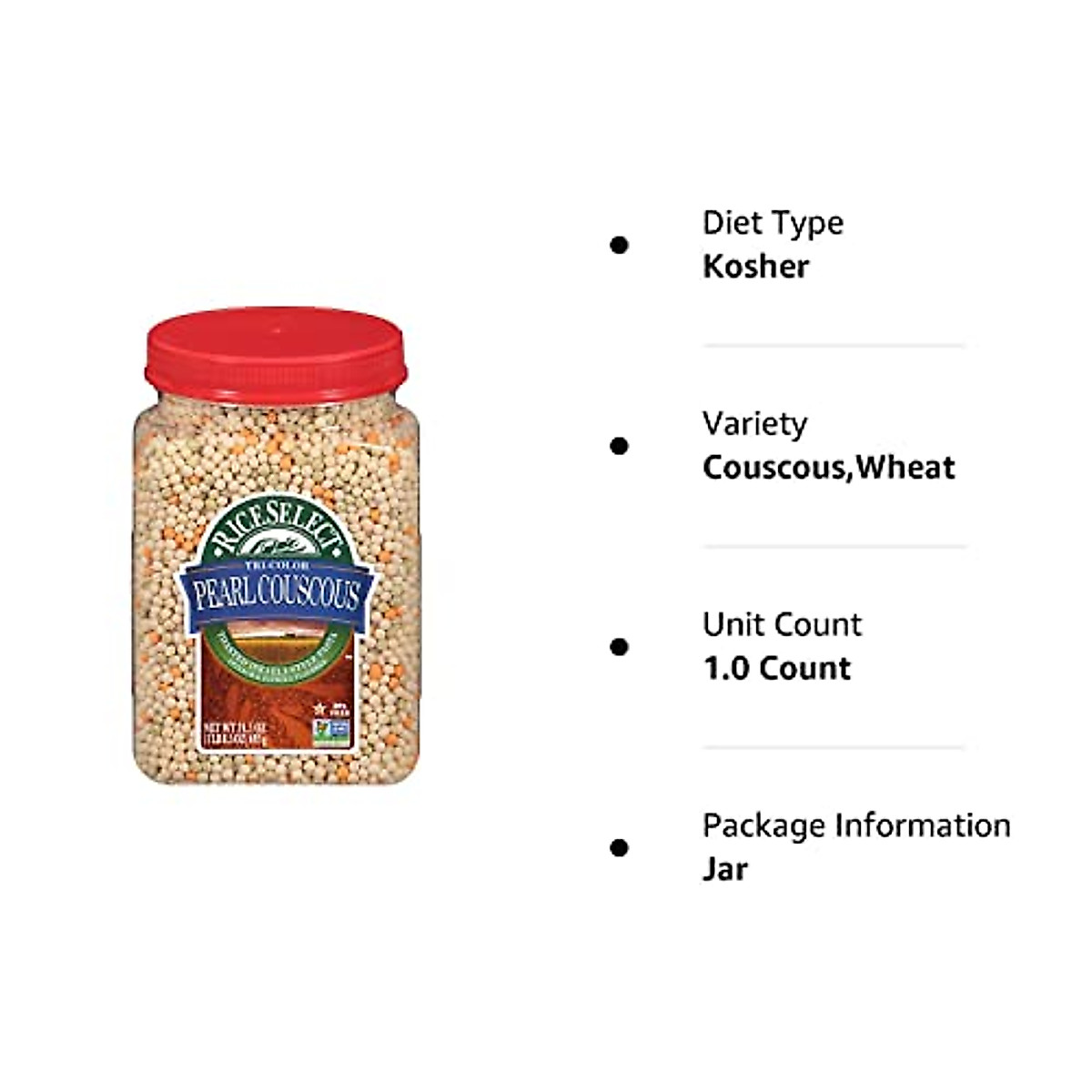 RiceSelect Tri-Color Pearl Couscous, Toasted Israeli-Style Pasta, Spinach and Paprika Flavored, 24.5 Ounce Jar (Pack of 1)