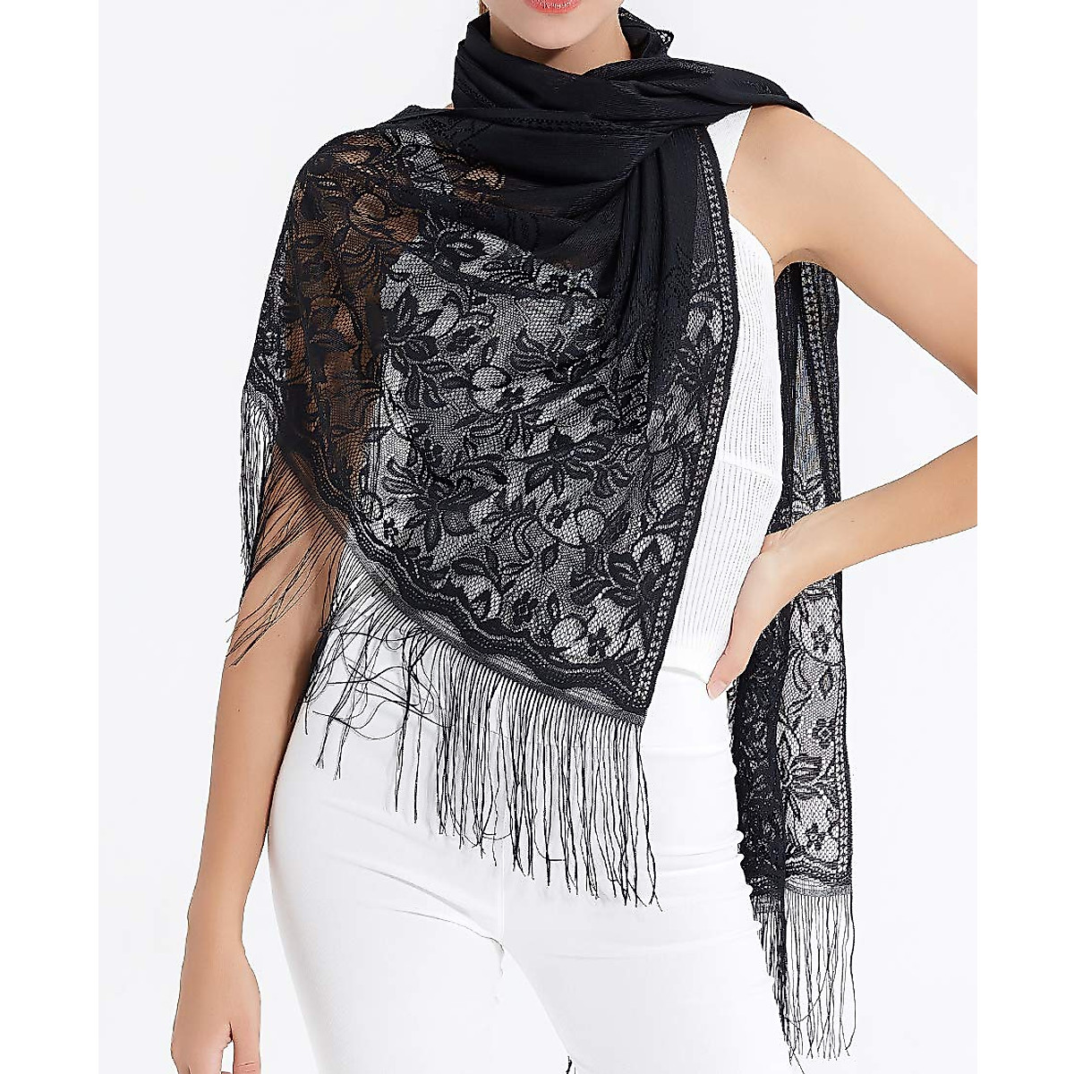 RIIQIICHY Women's Floral Lace Mesh Party Prom Wedding Shawl Scarf with Fringe