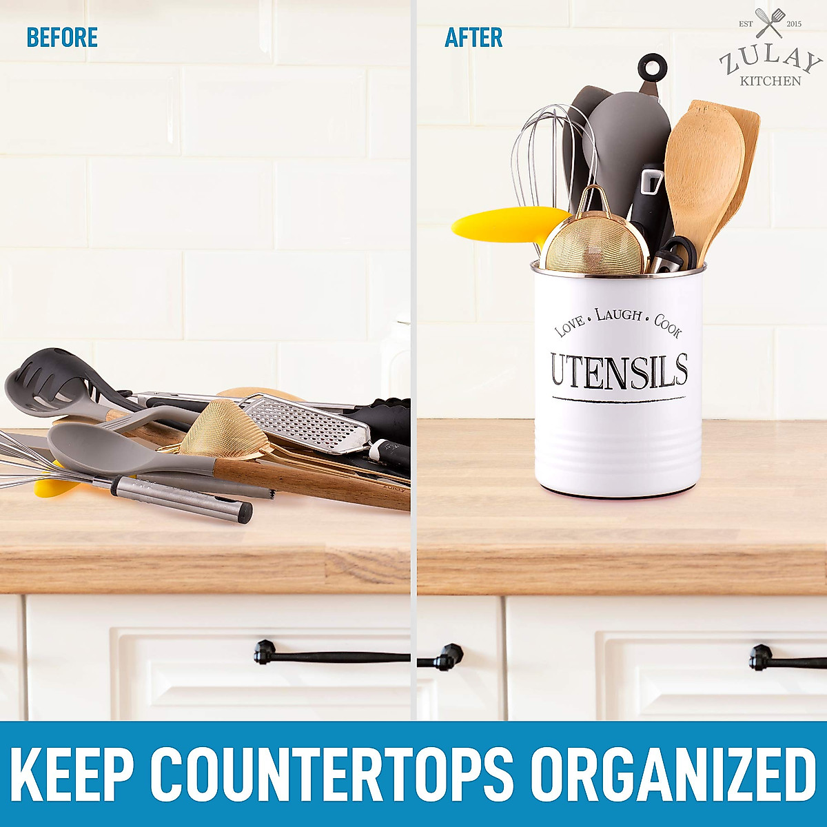 Zulay Large Utensil Crock Storage Organizer - Kitchen Utensil Holder For Countertop With Padded Base - Large Utensil Holder With Rustic Farmhouse Design For Home & Kitchen Decor (White)