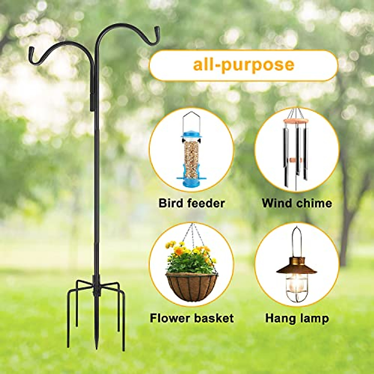 MIXXIDEA Double Shepherds Hook 91 Inch, Bird Feeder Pole with 5 Prong Base, 3/5 Thick Adjustable Hook for Hanging Bird Feeders, Plant Basket, Solar Lights Lantern, Weddings Decor (Black 2 Pack)