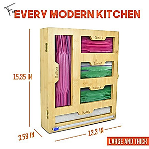 DESIGN INN 5 in 1 Bamboo Ziplock Bag Organizer for Drawer with Cling Wrap Dispenser and Cutter - Suitable for Gallon, Quart, Sandwich & Snack Variety Size Bags