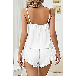 CHYRII Women's Sexy Silk Satin Ruffled Pajamas Sets Cami Shorts Sets Cute PJS Lingerie Slppewear Set White L