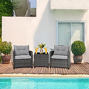 RELAX4LIFE Wicker Patio Furniture Sets - 3 Pieces Patio Rattan Sofa Set, Outdoor Conversation Set with Tempered Glass Tabletop, Heavy-Duty Steel Frame, Wicker Chair Set for Poolside, Backyard, Grey