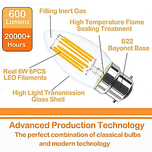 Lamsky 4-Pack 6W B22 Bayonet LED Filament Candle Light Bulb,2700K Warm White 600LM,C35 Shape Bullet Top,60W Incandescent Equivalent,Non-dimmable