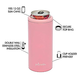 Primula Slim Can Stainless Steel Vacuum Insulated Coozie Cooler for 12 Ounce Skinny Cans, Pink
