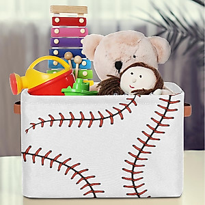 Baseball Storage Bin Basket, White Softball Large Toys Storage Cube Box with Handles, Collapsible Laundry Basket Rectangular Waterproof Storage Organizer Bin for Nursery Bedroom Shelves Gift Basket