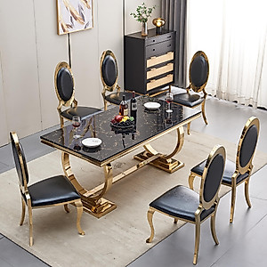 Maotifeys 70" Black Marble Dining Table, Rectangle Marble Top Dining Table for 6-8 Person, Gold U-Shape Stainless Steel Pedestal Dining Table, Mid Century Modern Dining Table for Dining Room Kitchen