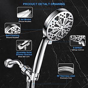 EILIKS Shower Heads with Handheld Spray Combo, High Pressure Filtered Shower Heads 10 Spray Mode Shower Head with Filters, Stainless Steel Hose, Adjustable Bracket, for Tubs Tiles Walls Pets Cleaning