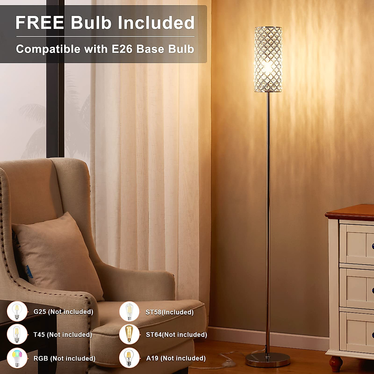 Crystal Floor Lamp with Bulb for Girls Bedroom Silver, Living Room, Modern Tall Glam Minimalism Pole Corner Standing Light for office, Dorm Hotel