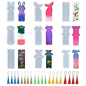 9Pcs Resin Bookmark Mold with 20Pcs Tassels, Silicone Rectangle Mold, Unique Resin Molds for Epoxy Resin, Bookmark Moulds Kits for Resin Casting DIY