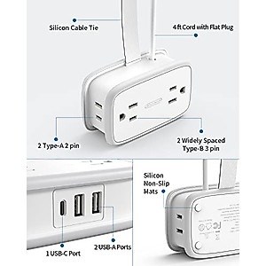Travel Power Strip with USB C, NTONPOWER 4 Outlets 3 USB(1 USB-C), 4ft Flat Plug Extension Cord with USB C Ports, Portable Power Strip Flat Plug, Compact for Travel Hotel Cruise Essentials, White