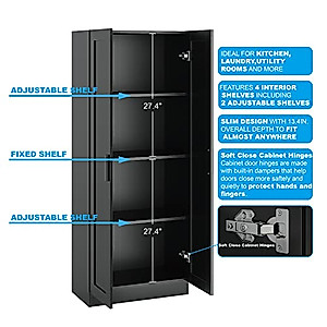 Panana Wooden Storage Cabinet, Narrow Pantry Cabinets Free Standing Tall Storage Cabinet with 2 Doors and Shelves (Black)