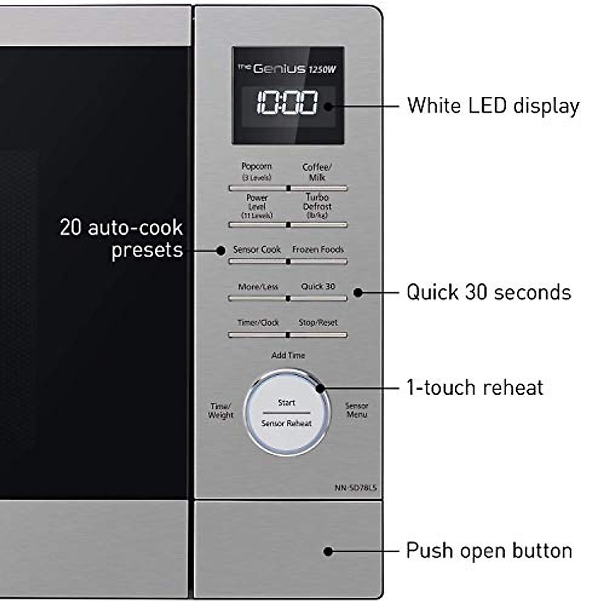 Panasonic NN-SD78LS 1.6 cu.ft Cyclonic Inverter Countertop Microwave Oven 1250Watt Power with Genius Sensor Cooking, cft, 19.44"D x 21.88"W x 11.94"H,Stainless Steel
