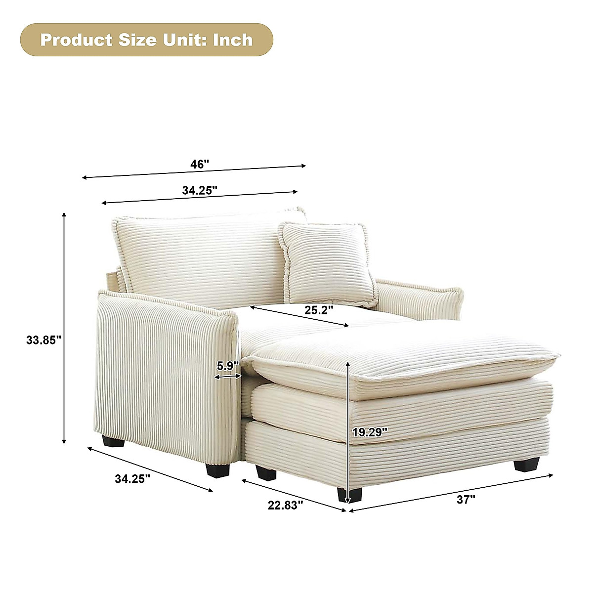 Oversize Corduroy Chaise Lounge Single Sofa, Deep Seat Reclining Sleeper Chair with Footstool Ottoman for Living Room (Beige, 1*Seat + 1*Ottoman)
