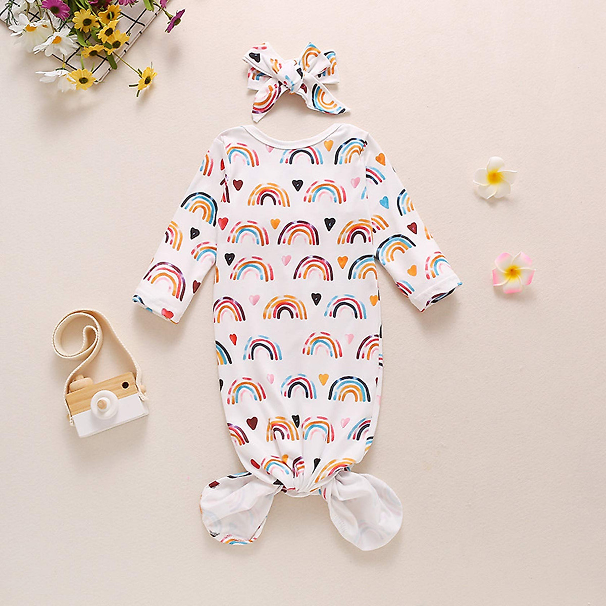Infant Girl Cotton Sleeper Gown Baby Rainbow Knotted Pajamas Newborn Sleepwear Sleeping Bag with Headband