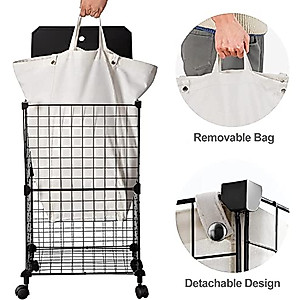 WOWLIVE Iron Wire Laundry Hamper with Lid, Foldable Laundry Basket with Wheels and Removable bags，Collapsible Dirty Clothes Hamper Organizer Dorm Room Storage for Bedroom, Bathroom (Black)