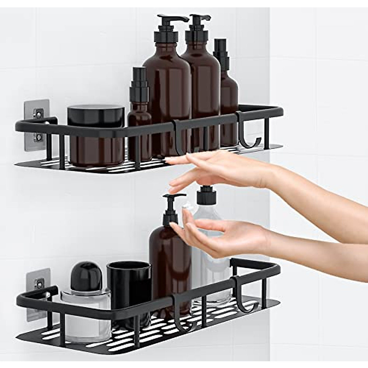ZGDZ Self-Adhesive Black Shower Shelves with Removable Hooks Bathroom Stick on Shower Caddy Wall Mount Aluminum Shower Organizers Bathroom Trays Toiletries Holders 2-Pack