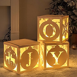 Light Up Christmas Decorations Indoor - 3pcs White Hollow-Out Paper Joy Boxes with Warm Light String, Holiday Fireplace Christmas Decorations for Home