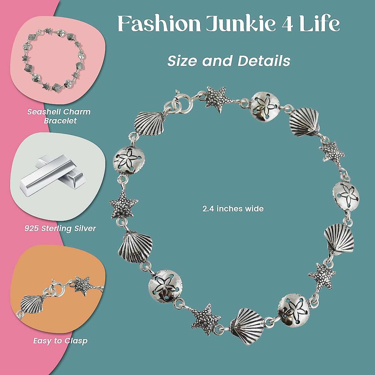 FashionJunkie4Life Sterling Silver Beach Bracelet, 7.5" Length, Sand Dollar Starfish Seashell Pattern