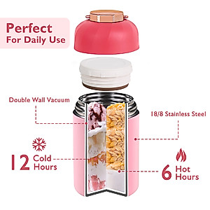 Avovy Thermos for Hot Food - 22 Oz Insulated Food Jar, Insulated Lunch Container with Bowl, Foldable Spoon& Fork, Powerful Insulated Food Thermos for School Office Camping Travel (Pink)