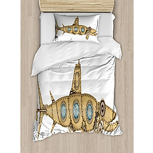 Ambesonne Steampunk Duvet Cover Sets, Barracuda Fish Shape Inspired Submarine Image with Weathered Effect, Bedding Set with 2 Duvet Covers 4 Pillowcases, 2 Pack Cal King Size, Beige Pale Blue White