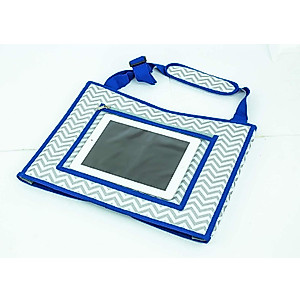 Thr33E Car Seat Kids Travel Tray - Travel Lap Desk Active Accessory for Child’s - Kids Tablet iPad Holder Stand Art Storage Pockets (Blue)