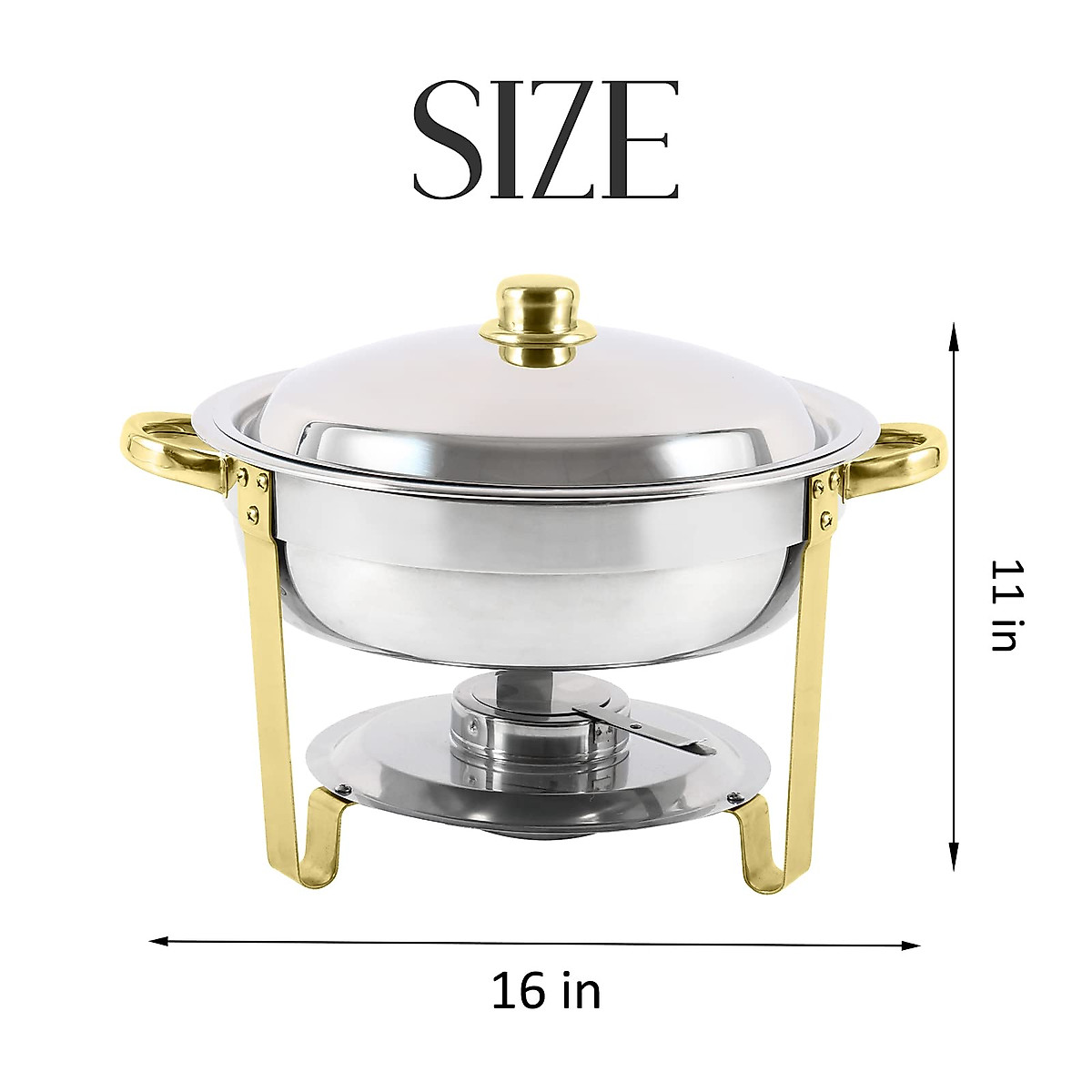 Restlrious Chafing Dish Buffet Set Round Stainless Steel 5QT Chafers and Buffet Warmers Sets for Catering, Complete Chafing Set with Water Pan, Food Pan, Fuel Holder and Lid in Gold Accents, 1 Pack