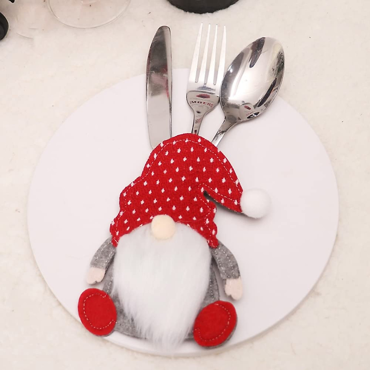 Fanus 6 Pcs Christmas Silverware Holder Pocket Tableware Cutlery Organizers Swedish Santa Gnome Stocking Knife Fork Flatware Bags Christmas Party Dinner Table Supplies Spoons Forks Storage Bag