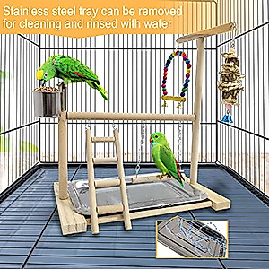 Hamiledyi Bird Playground Parrots Play Stand Natural Wooden Parrot Perch Gym Playpen Pet Parakeet Ladders with Feeder Cups for Cockatoo Conure Cockatiel Cage Accessories Exercise Toy (Include a Tray)