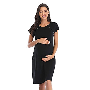 Soanhoo 3 in 1 Nursing Dress Maternity Nightgown Labor/Delivery Breastfeeding Birthing Gown with Button,Black,XL