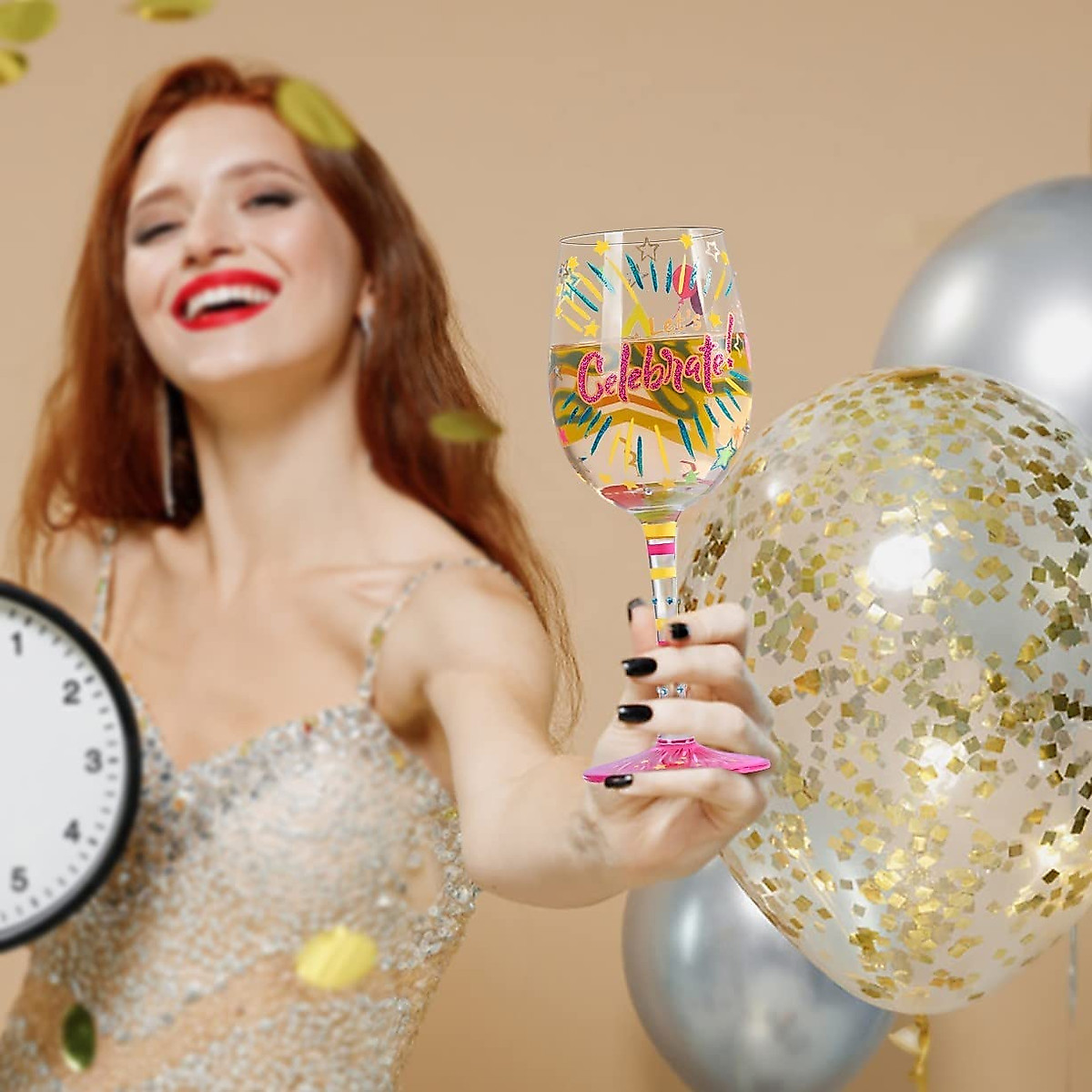 NymphFable Hand Painted Birthday Wine Glass Let‘s Celebrate Birthday Party Decorative Wine Glasses Birthday Gift for Women, 15oz