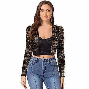 Allegra K Women's Sequin Shrug Open Front Collarless Christmas Glitter Sparkly Crop Blazer Jacket Small Black Gold