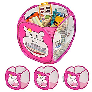 Smart Design Kids Pop Up Organizer with Animal Print - Set of 4 - VentilAir Mesh Netting - for Toddlers, Baby Clothes, Plushies, and Toys - Home Organization - Cube - 10.5 x 11 Inch - Pink Hippo