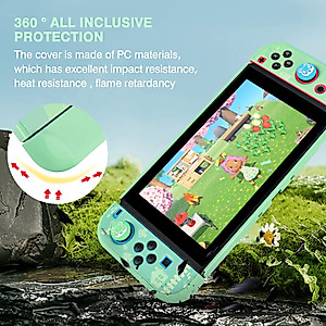 DLseego Protective Case Design for Switch Model, Newest Pattern Animal Crossing Design Cover Case with 2 Pcs Glass Screen Protectors and 4 Pcs Cute Thumb Grip Caps Green Accessories Set