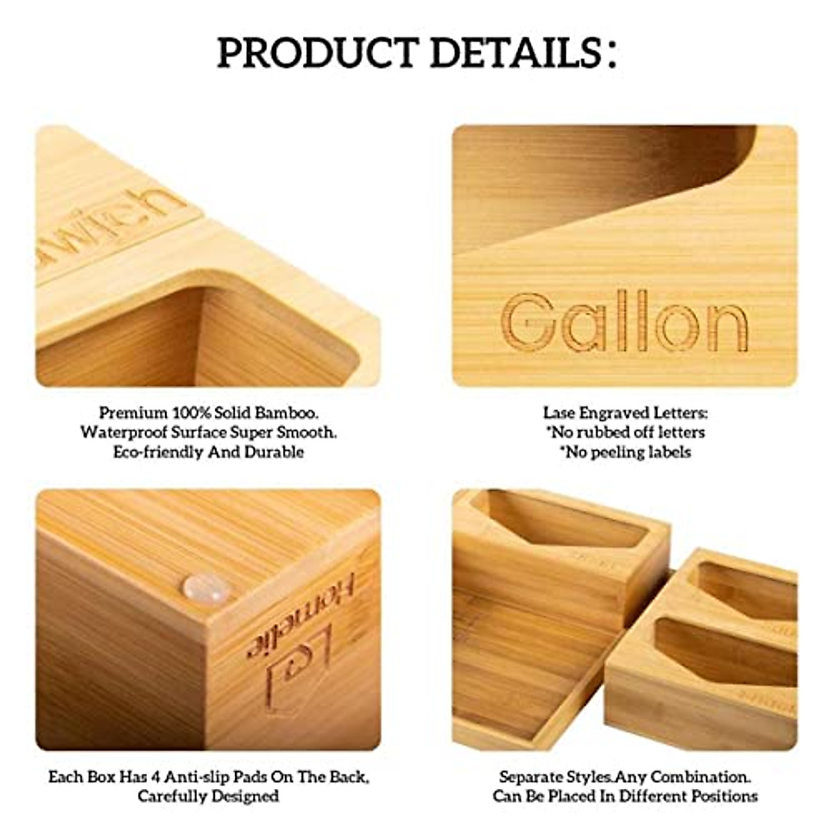 Homelie | Premium Bamboo Ziplock Bag Organizer & Extra Tray - 4 Sizes Bamboo Baggie Storage Organizer for Best Home Kitchen Organization, Drawer and Pantry Sandwich Plastic Bags Containers Organizers