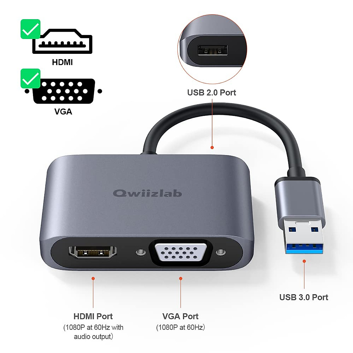 Qwiizlab USB 3.0 to HDMI VGA Adapter, 1080P@60Hz Video Converter, Supports Windows 7/8/10/11 Only, USB-A Data Port