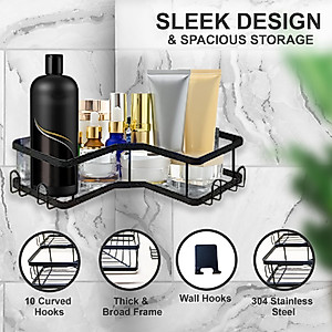 Corner Shower Caddy Organizer Set, Pack of 3 Adhesive Rustproof Stainless Steel Shower Racks with 2 Wall Hooks, Bathroom & Kitchen, Black