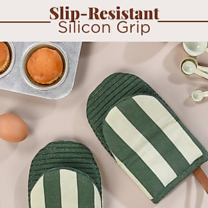 Folkulture Mini Oven Mitts Heat Resistant 5.75" x9", Set of 2 Short Oven Mitts with Hanging Loop, 100% Cotton Oven Gloves or Kitchen Mittens, Small Oven Mitt Set or Silicone Oven Mits (Matcha)