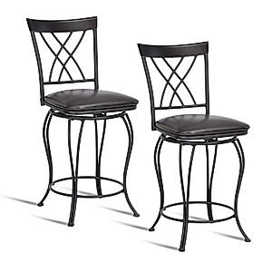 FurnitureR Classic Barstools Set of 2, Elegant Metal Back and Footrest Swivel Counter Height Bar Stools for Kitchen Island Pub, Bistro, Restaurant - Black (24 Inch)