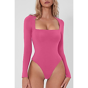 QINSEN Square Neck Shirt for Women Long Sleeve High Leg Thong Bodysuit Tops Magenta M