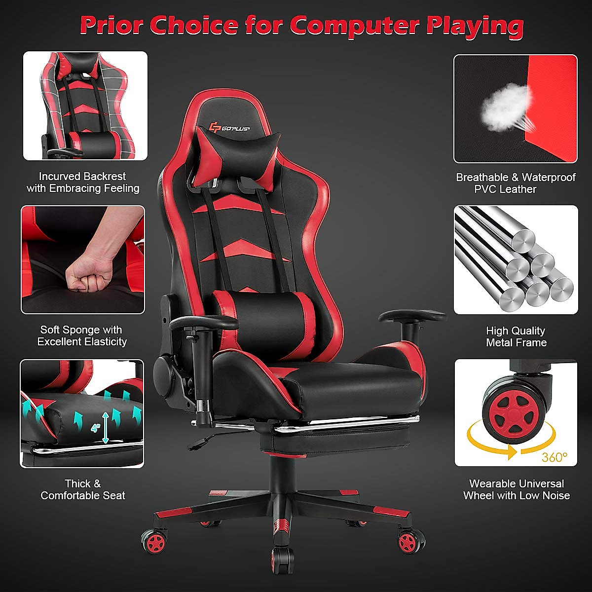 POWERSTONE Gaming Chair with Footrest Massage Ergonomic Office Computer Game Racing E-Sports Chair Lumbar Massage Pillow Footrest Headrest High-Back Leather Recliner Rolling Swivel Chair Red