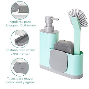 Vigar Rengo Monobloc 4-piece Sink Caddy Set, Includes Scrub Brush, Two-sided Sponge, Soap Dispenser and Scraper, Turquoise
