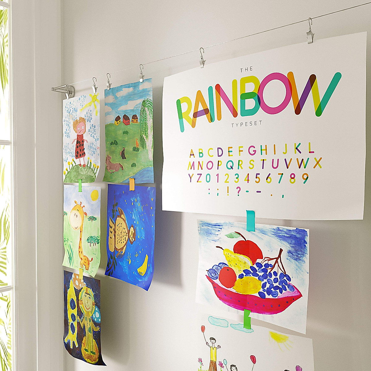 Wallniture Barre Wire Picture Hangers for Kids Crafts and Artwork, Expandable 196 Inch Wall Decor with 24 Clips Set, Silver