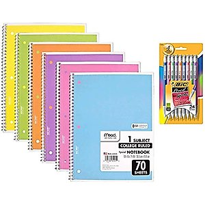 Back To School Supplies Bundle Set Of 6 Mead Spiral Notebook 1-subject, College Ruled, Pastel Color Cute School Notebooks, 70 Pages With 24 Ct Of Bic Xtra-sparkle Mechanical Pencil, Medium Point 0.7mm