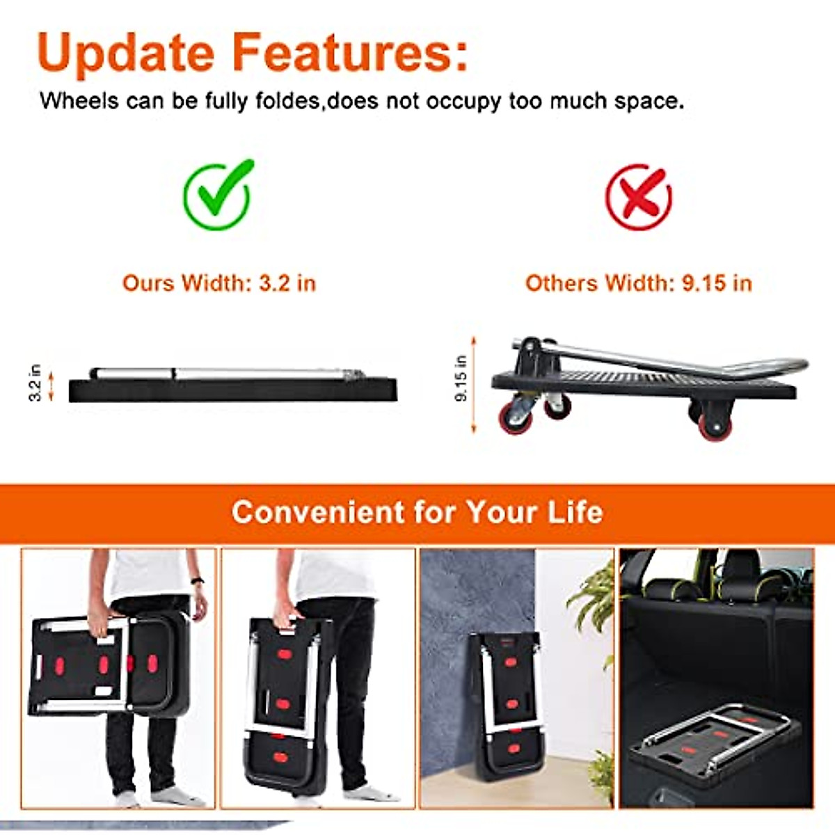 Double Rhombus Folding Hand Truck Platform Truck 330 Lbs Heavy Duty Dolly Cart with Wheels, Fully Folded Push Cart, Portable Trolley Utility Cart for Easy Storage, Garage Moving Shopping Home Office