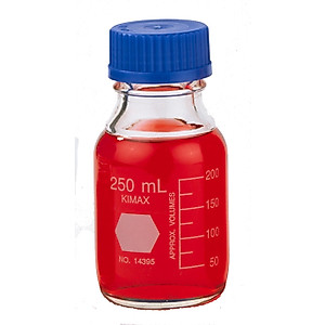 Kimble 14395-250 Borosilicate Glass GL-45 Media/Storage Bottle With Blue Polypropylene Screw Thread Cap, 250 mL (Case of 10)