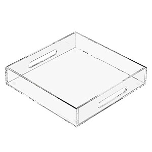 KOTEMON Acrylic Serving Tray with Handles-12x12x2.36Inch-Decorative Tray Letter Tray Organizer for Ottoman Coffee Table Countertop, Clear