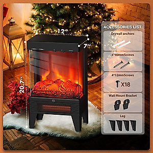 Electric Fireplace Stove, 1500W Wall Mountable Fireplace Heater Freestanding with 3-Sided View, 3D Flame Effect, Adjustable Brightness & Heating Mode, Overheat Protection, Thermostat(Upgraded)