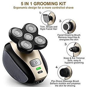 Telfun 5-in-1 Electric Razor for Men, Wet & Dry Rechargeable Rotary Shavers, 5D Floating 5 Head Cordless Grooming Kit with Beard, Nose, Ear, Body Hair Trimmer, Face Cleaning Brush Gifts for Men Dad